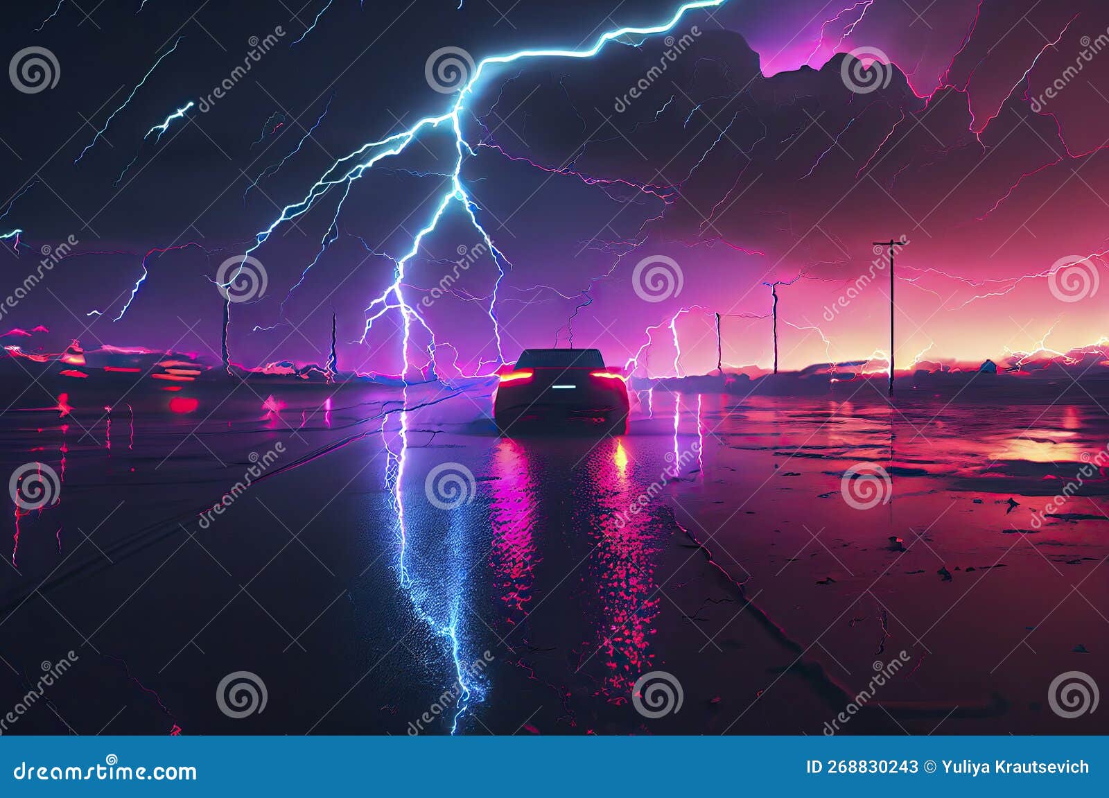 Lightning in the Sky, Neon. Generative AI Stock Illustration ...