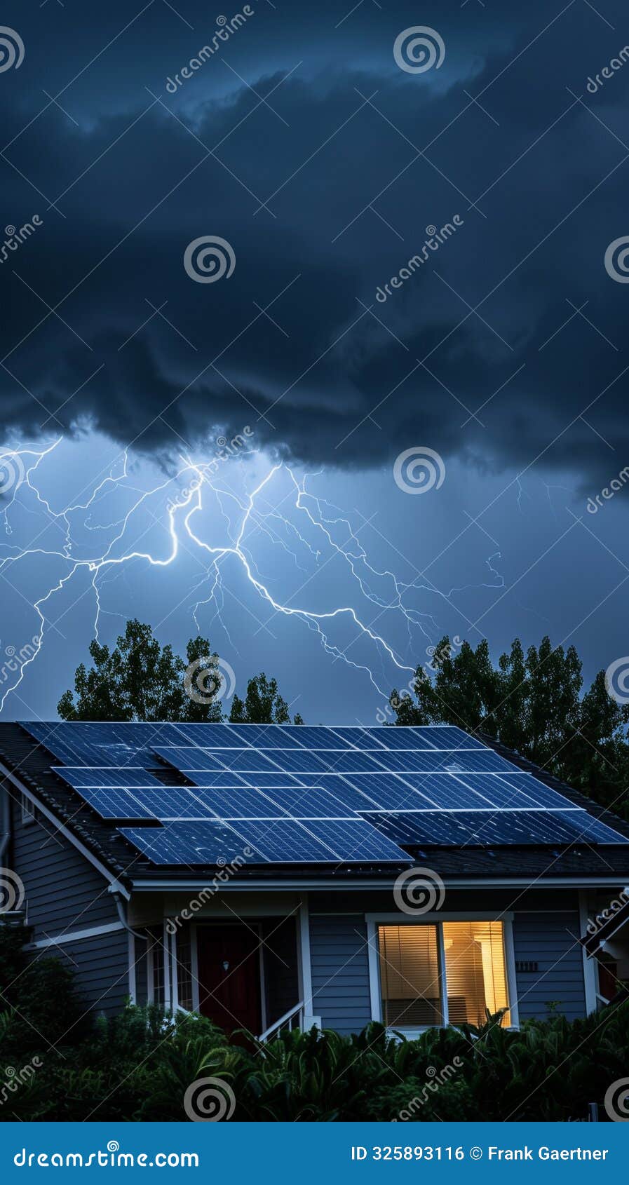 Lightning Storm Approaching a Residential Building with Solar Panels ...
