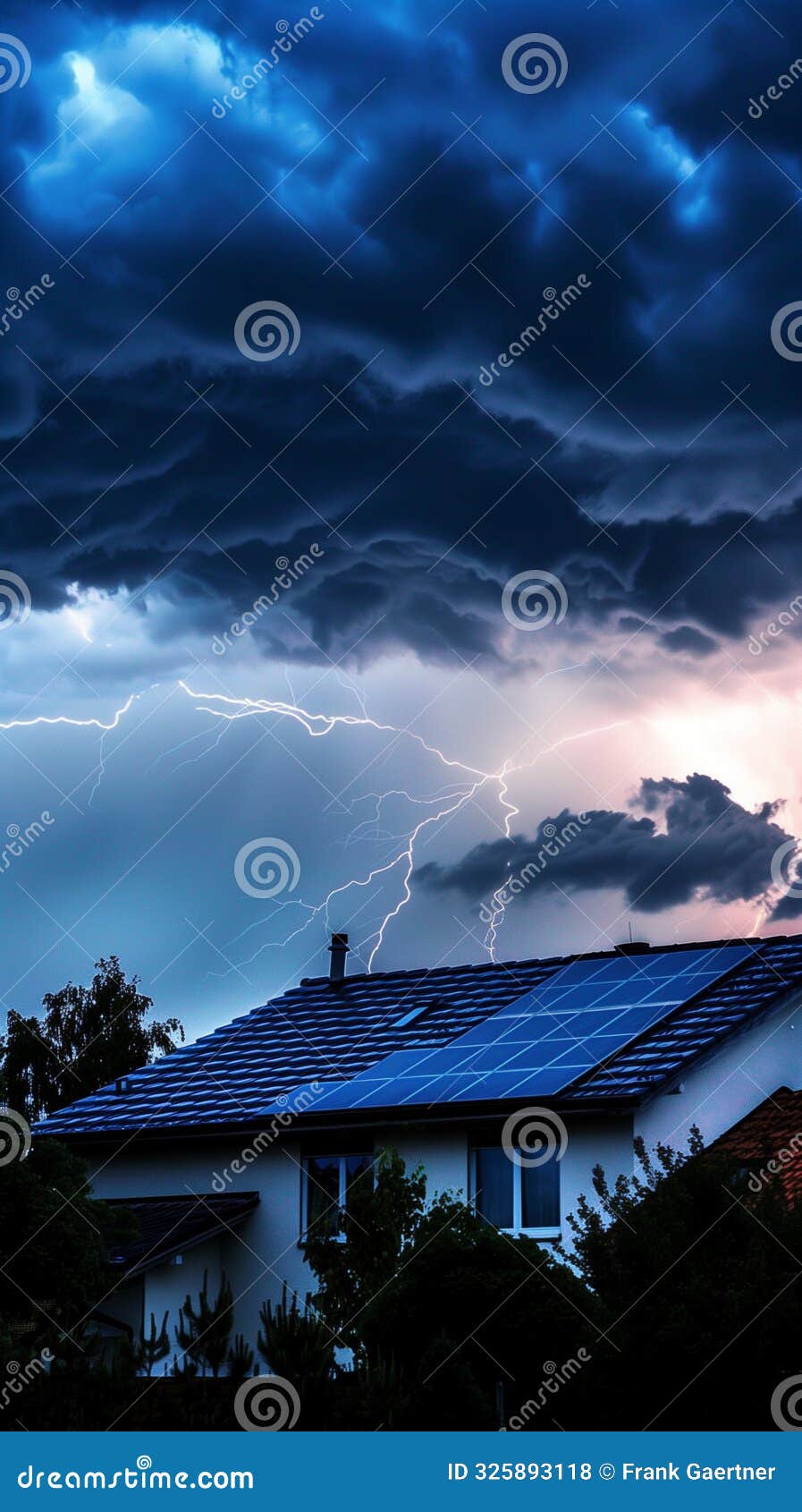Lightning Storm Approaching a Residential Building with Solar Panels ...