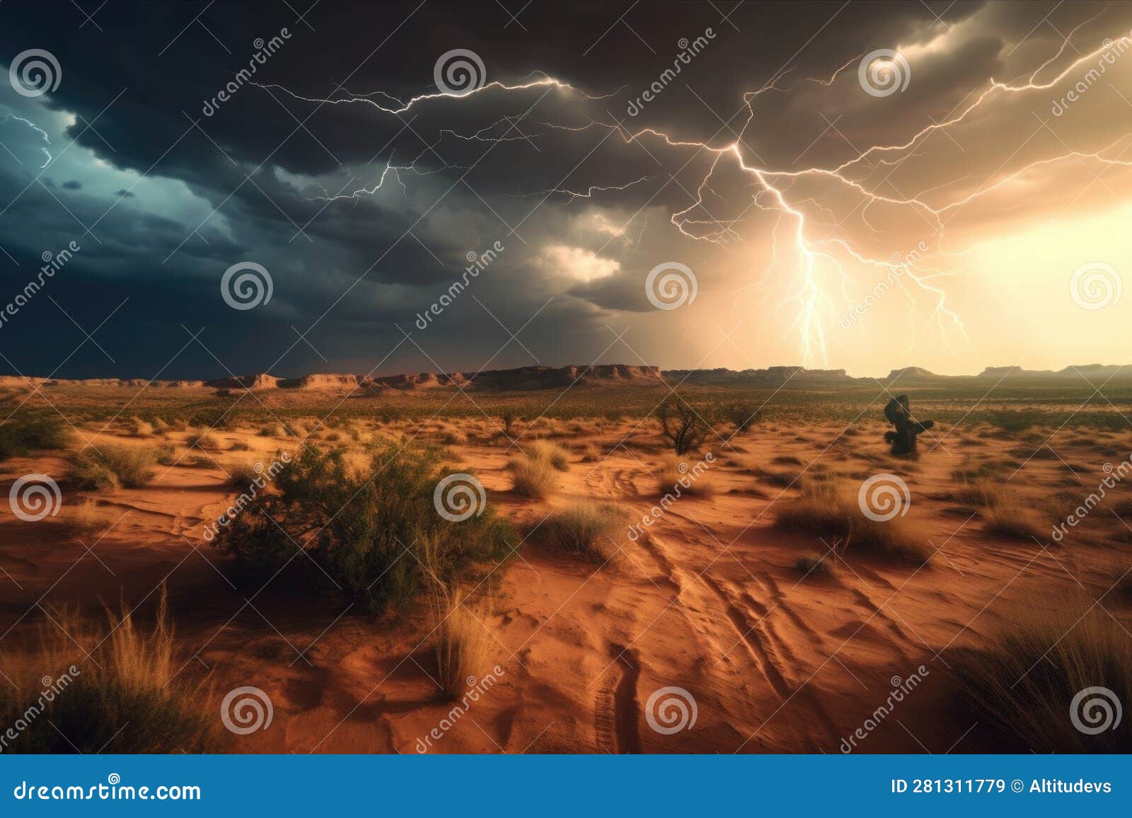 Lightning Storm Casting Eerie Shadows on a Desert Landscape Stock ...