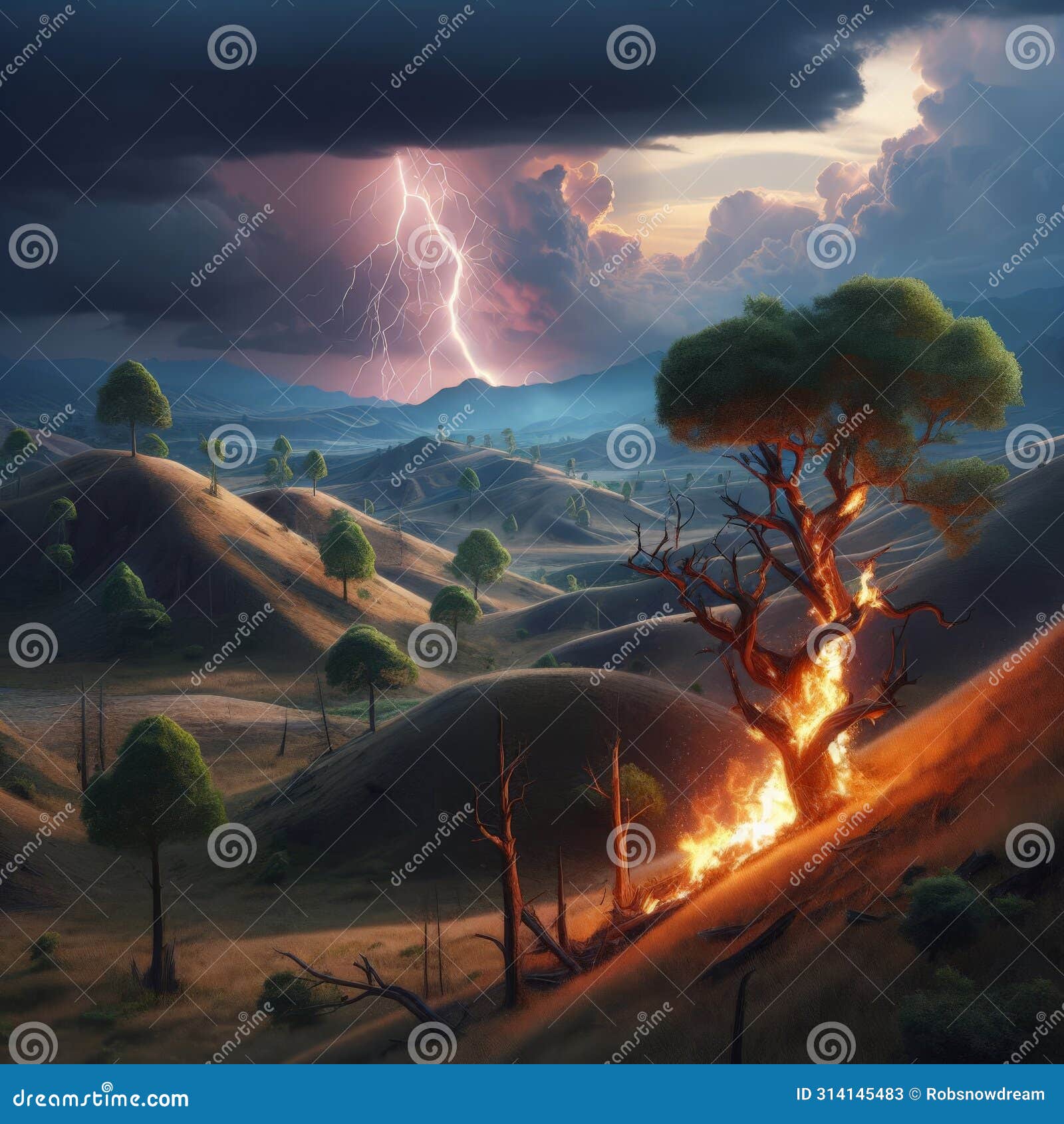 Lightning Storm Creates Fire in Trees Stock Illustration - Illustration ...