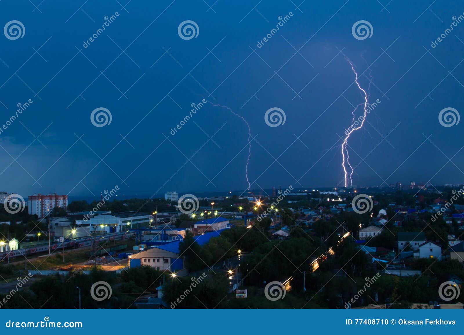 Lightning Storm Over City in Blue Light Stock Photo - Image of night ...
