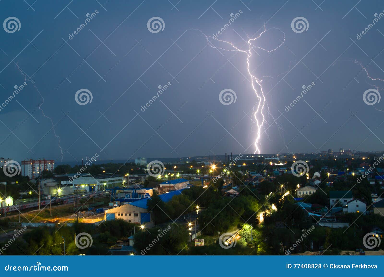 Lightning Storm Over City in Blue Light Stock Photo - Image of blue ...