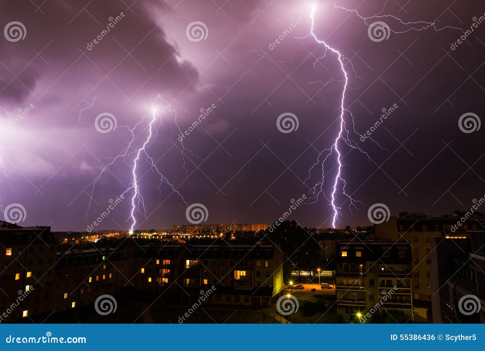 Lightning storm over city. stock photo. Image of exposure - 55386436