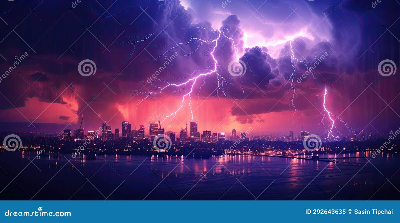Lightning Storm Over City in Purple Light Stock Illustration ...