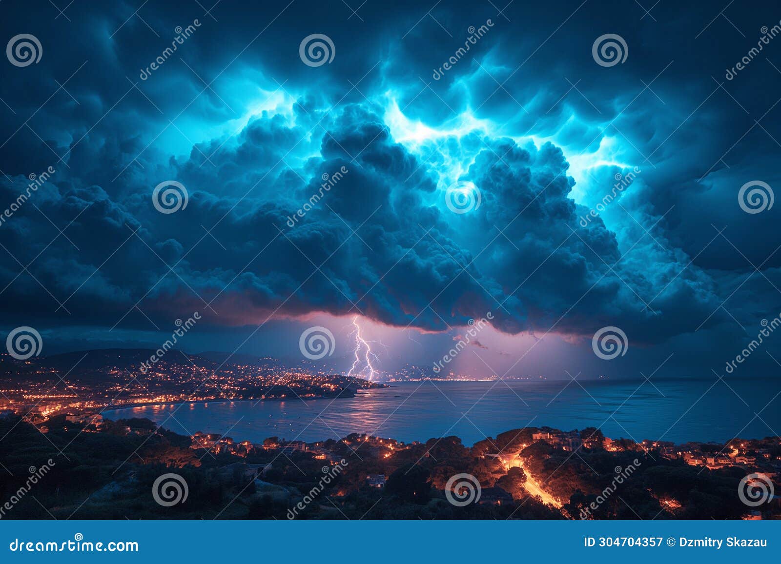 Lightning Storm Over City in Purple Light Stock Illustration ...