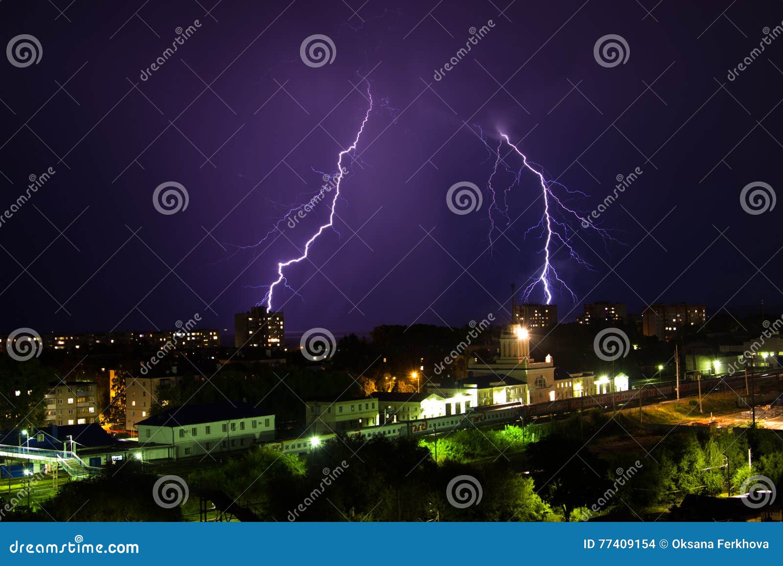 Lightning Storm Over City in Purple Light Stock Photo - Image of ...