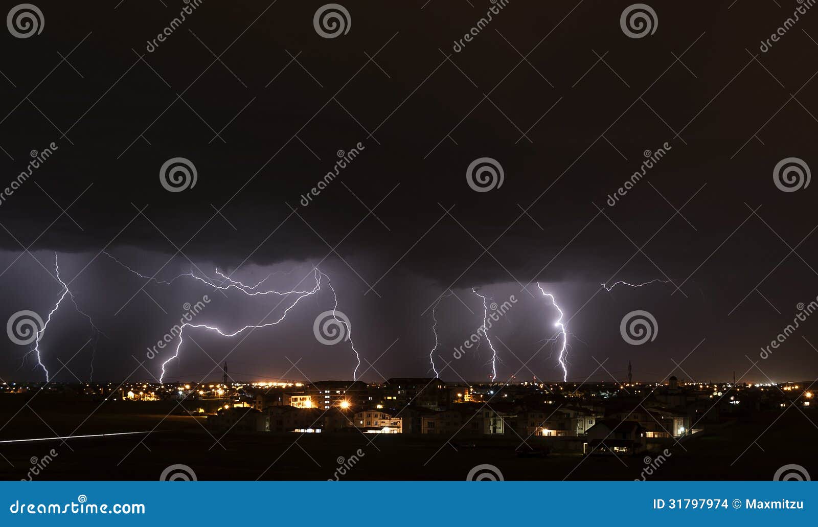Lightning storm over city stock photo. Image of night - 31797974