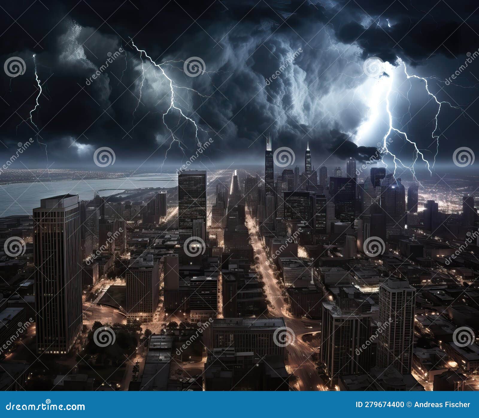 Lightning Storm Over City. Thunderbolt in a Night City Landscape ...