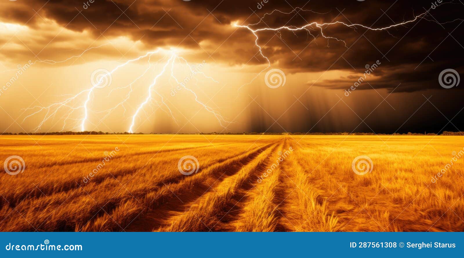 A Lightning Storm Over a Field of Wheat. AI Stock Photo - Image of ...