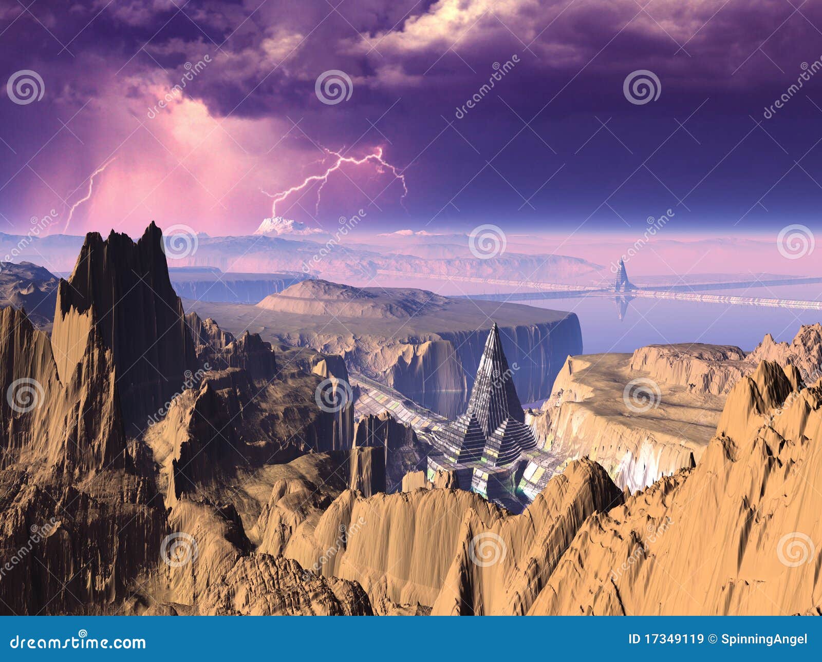 Lightning Storm Over Pyramid Cities Stock Illustration - Illustration ...
