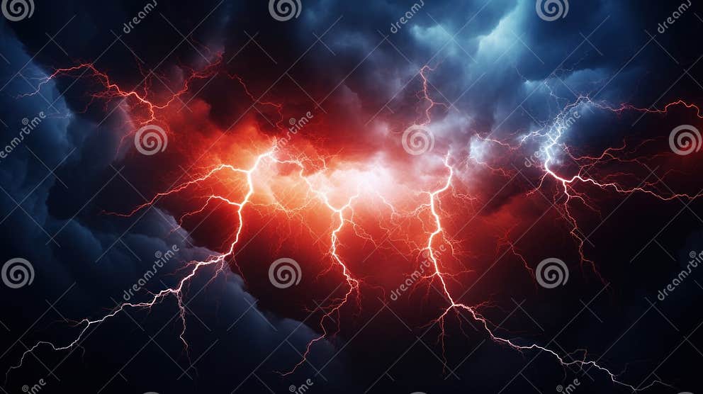 Lightning Storm with Red and Blue Lightning, AI Stock Illustration ...