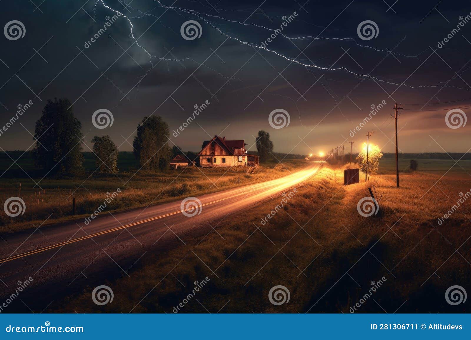 Lightning Streaks Above a Winding, Empty Road in the Countryside Stock ...
