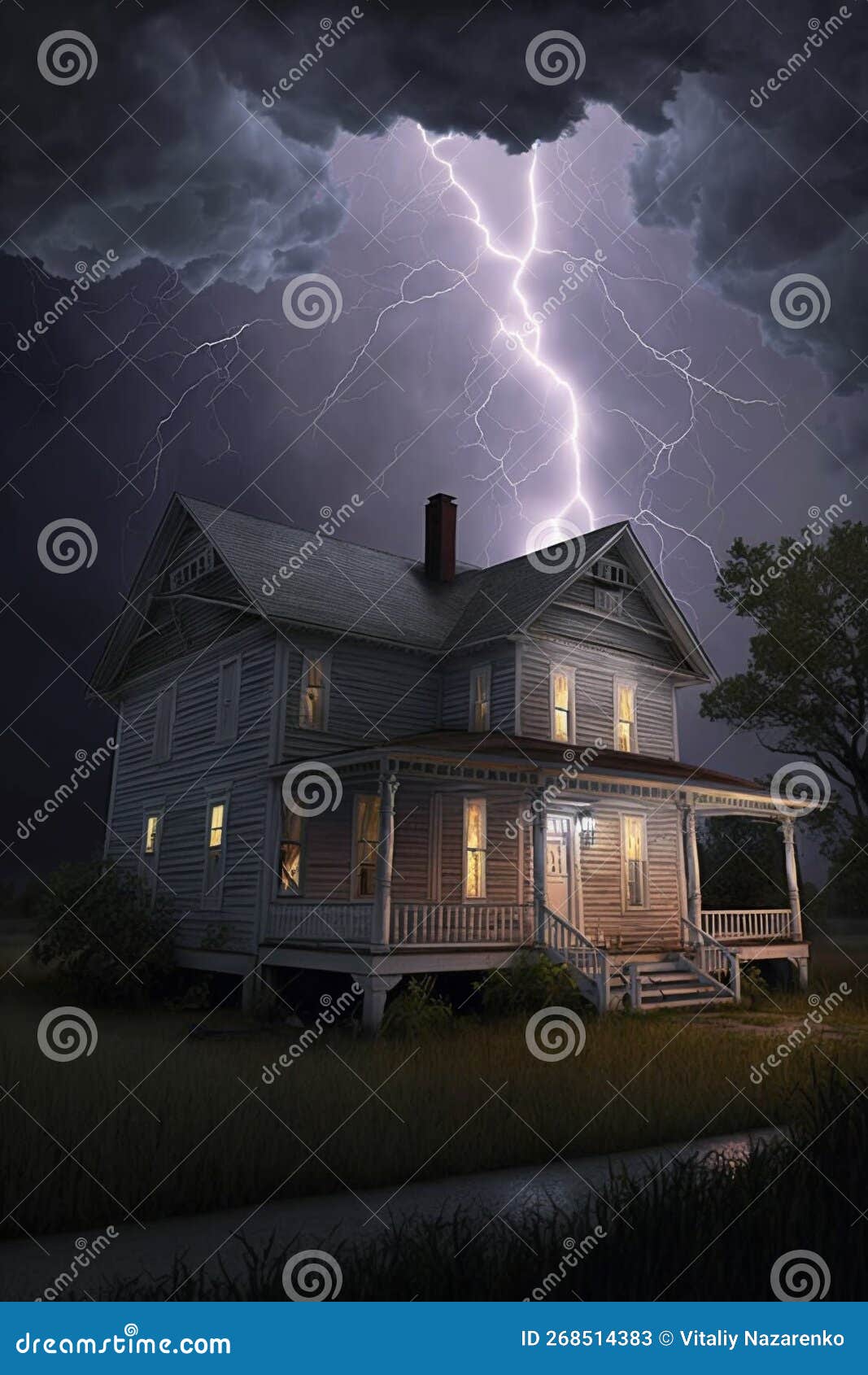 Lightning Strike Behind a Small Farmhouse. AI Generated Stock ...