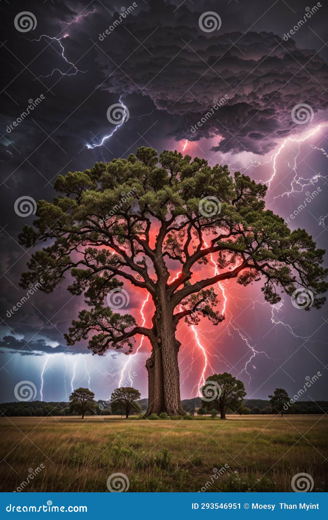 Lightning Strike a Big Tree Stock Illustration - Illustration of dark ...