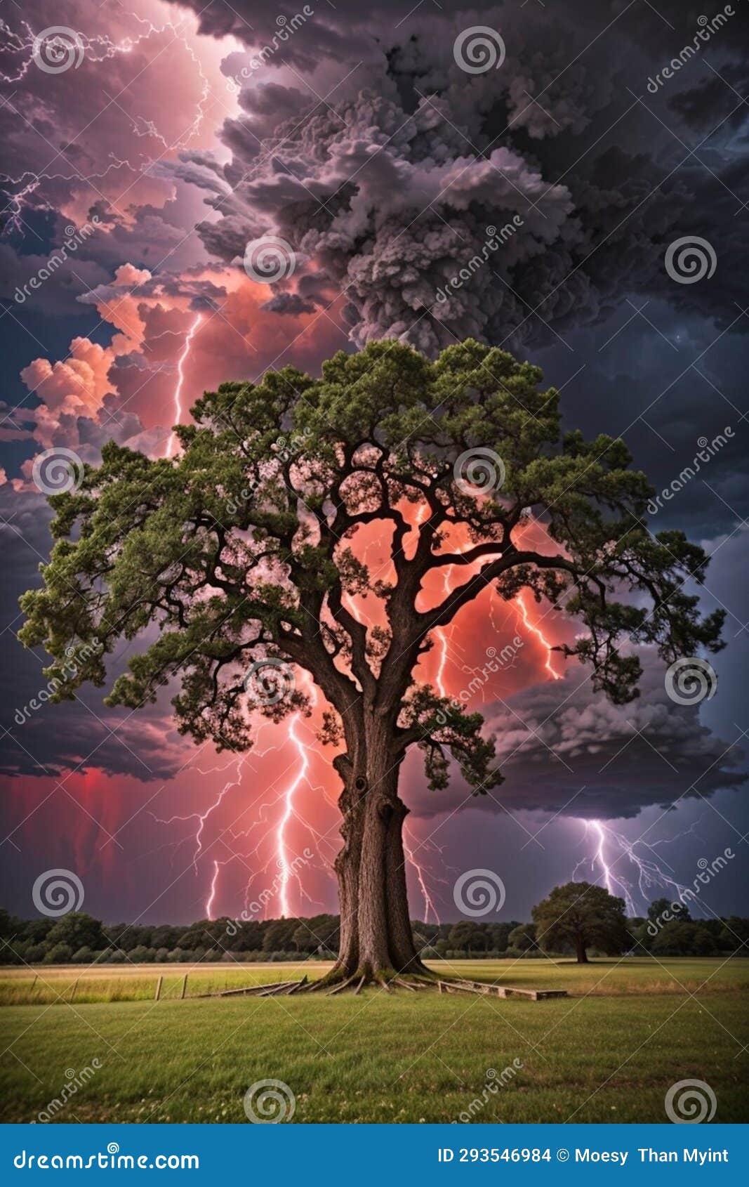 Lightning strike big tree stock illustration. Illustration of water ...