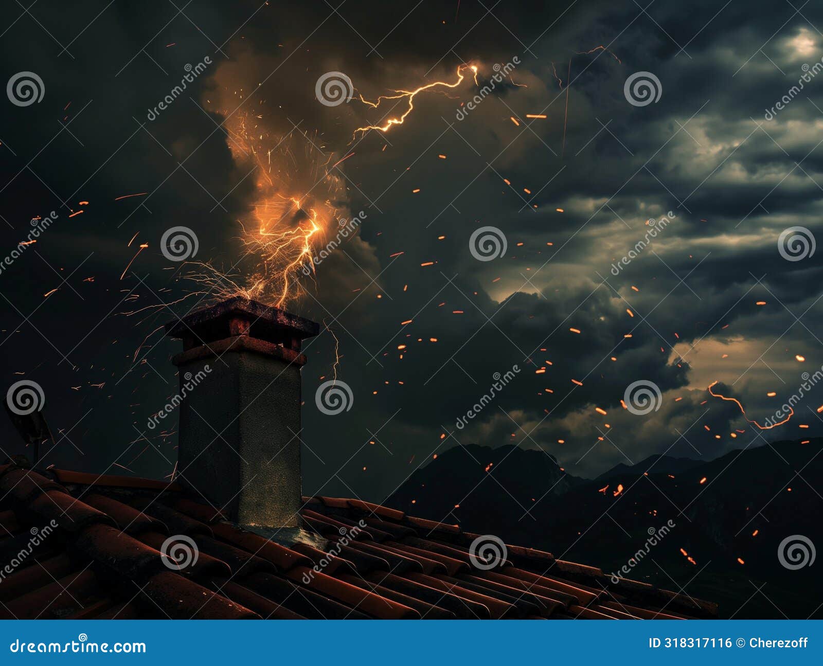 Lightning Strike on Chimney Stock Photo - Image of electricity, chimney ...