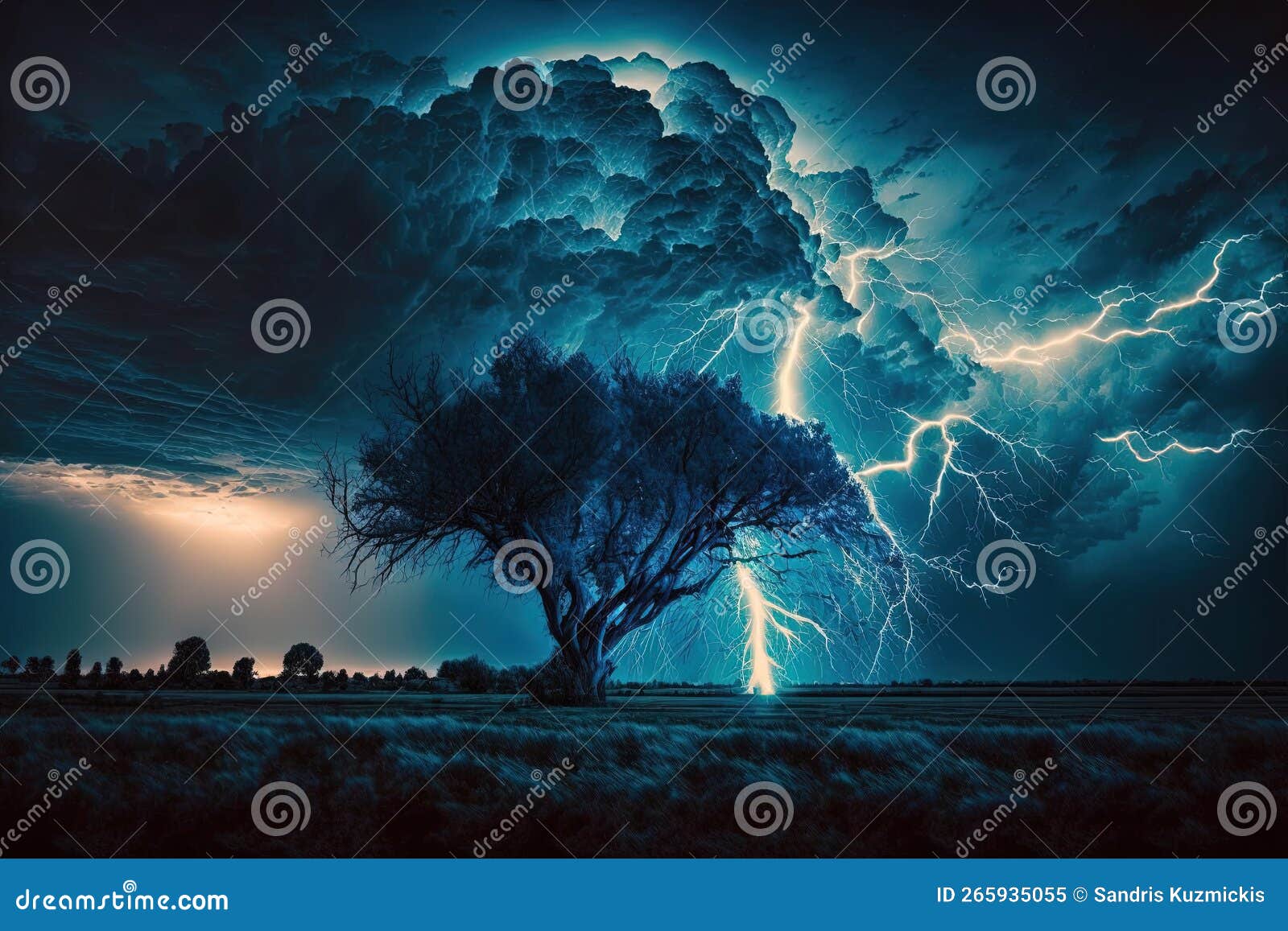 Lightning Strike on a Dark Blue Sky. Generative AI Stock Illustration ...