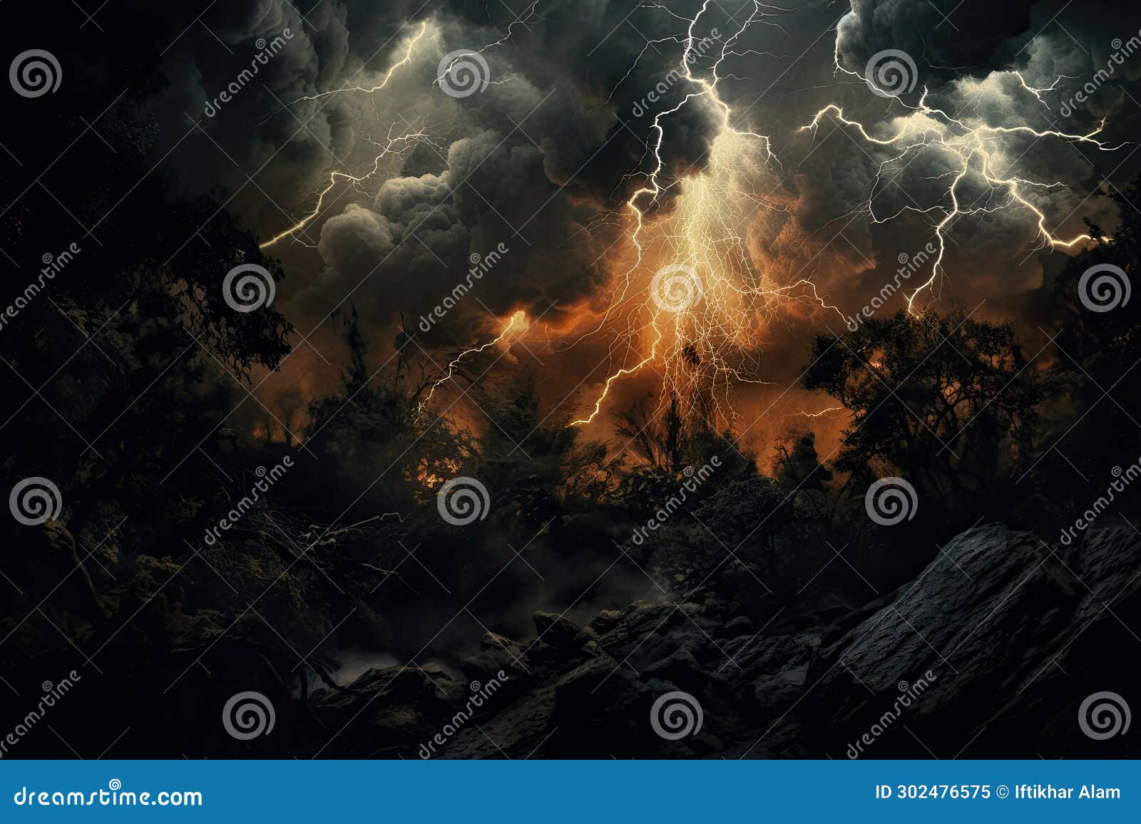Lightning Strike in the Dark Forest. 3d Render Illustration, AI ...