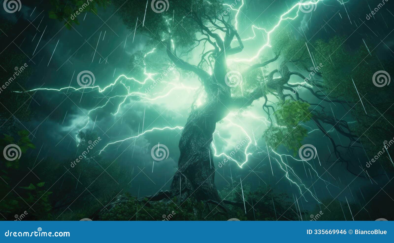 Lightning Strike in a Dense Forest during Heavy Rain. Dramatic Nature ...