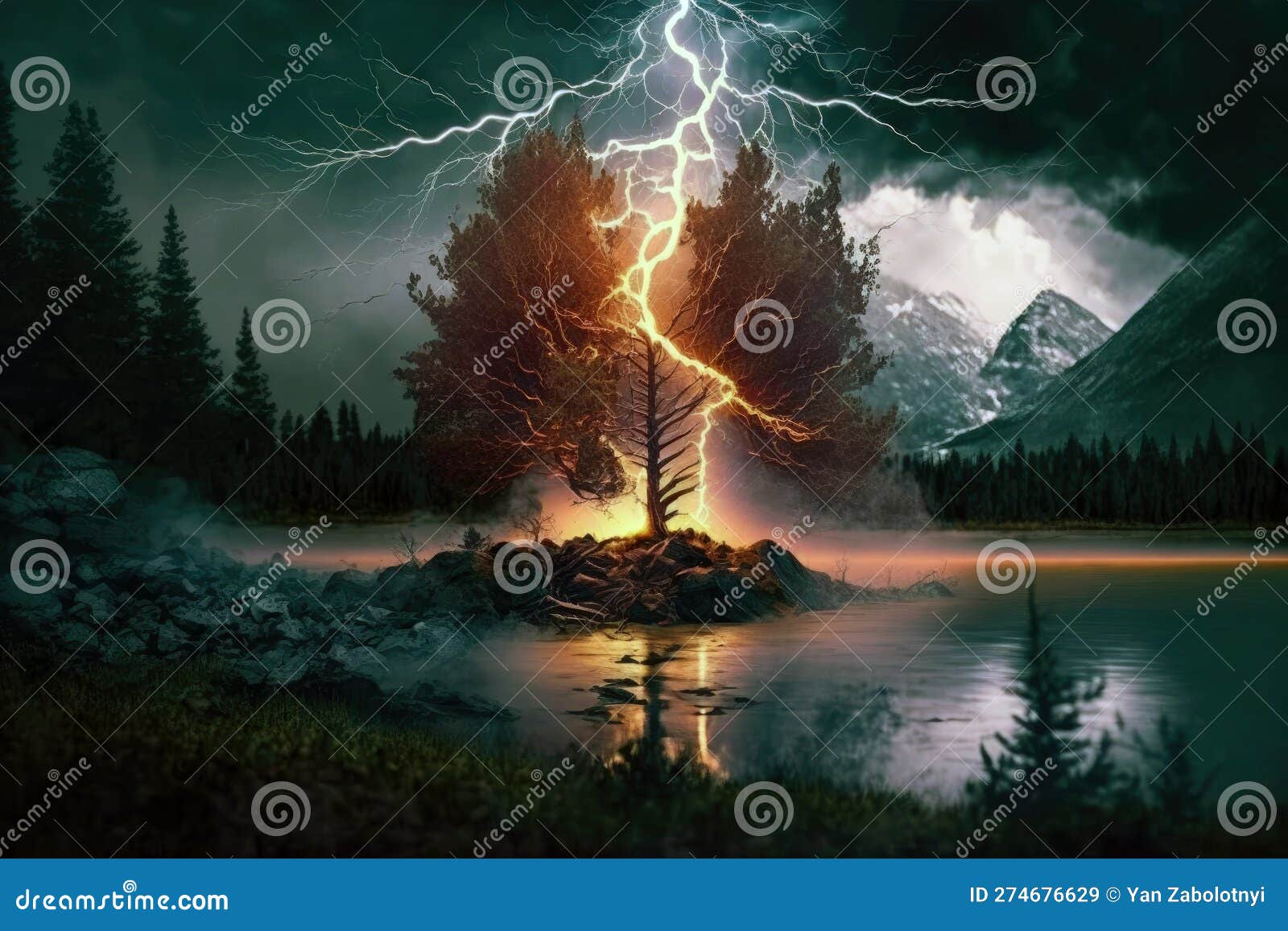 A Lightning Strike that Has Started a Fire. Generative AI Stock ...