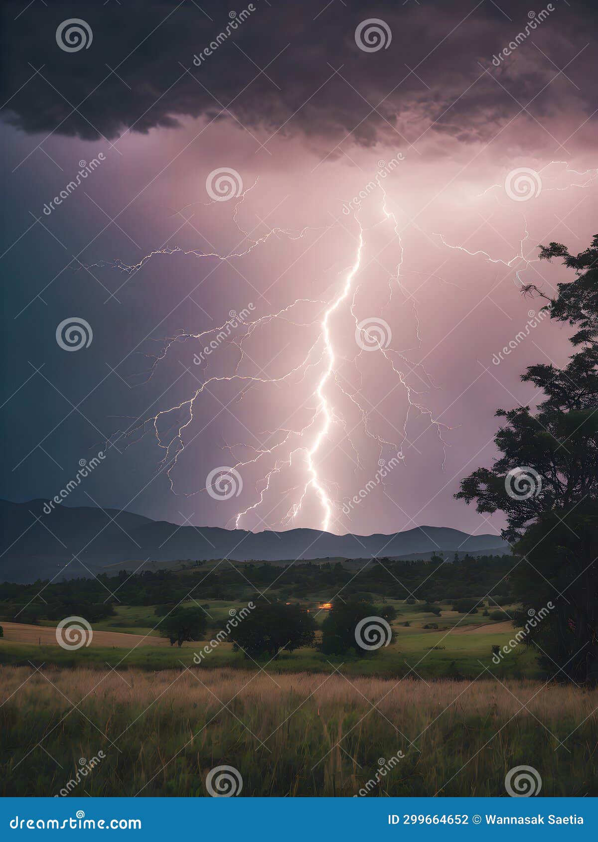 A Lightning Strike in the Middle of a Field with Trees Stock ...