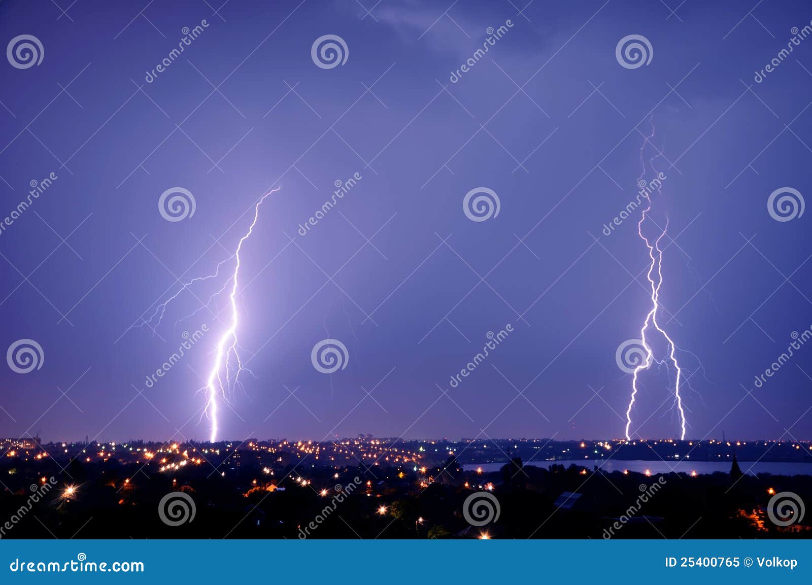 Lightning Strike Over Dark Blue Sky in Night City Stock Image - Image ...