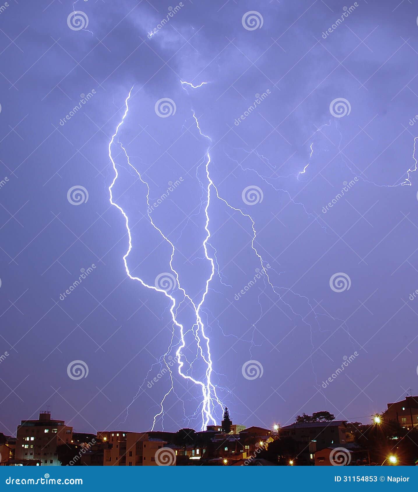 Lightning Strike Over Dark Blue Sky in Night City Stock Image - Image ...