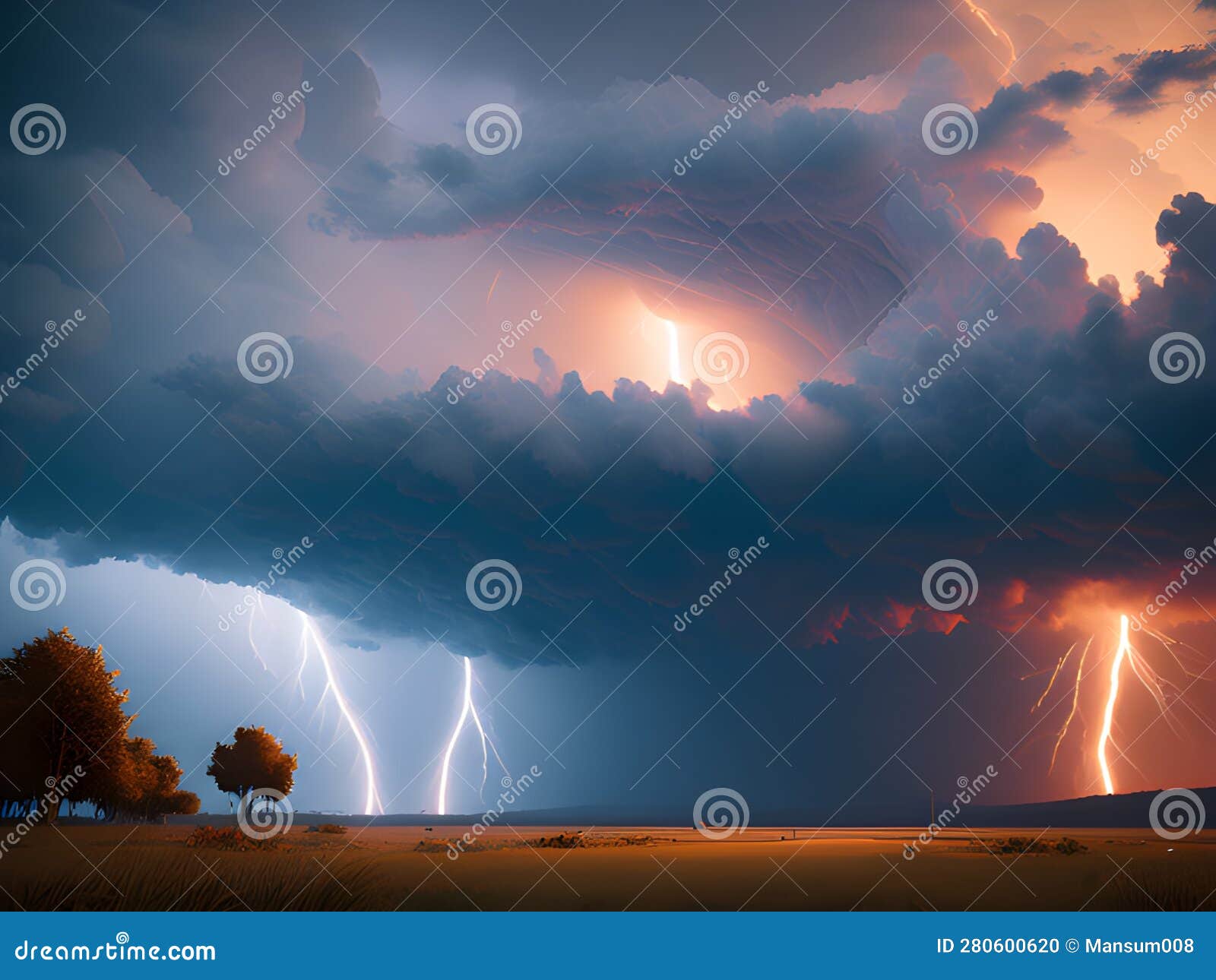 Lightning Strike Over Dark Field with Lightning and Thunder, AI ...