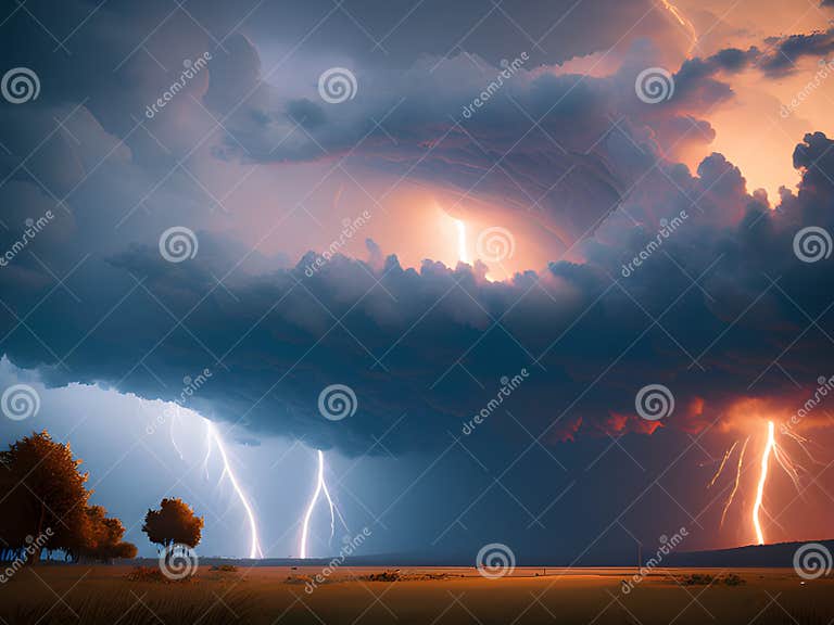 Lightning Strike Over Dark Field with Lightning and Thunder, AI ...