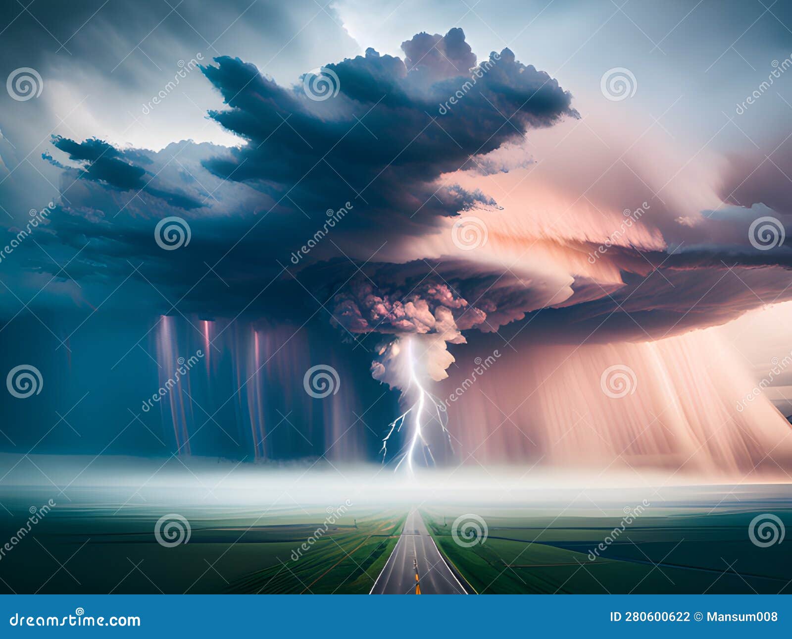 Lightning Strike Over Dark Field with Lightning and Thunder, AI ...