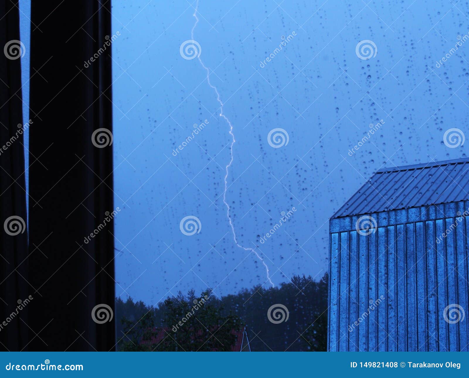 Lightning Strike. Photo from the Window in the Rain with a Thunderstorm ...