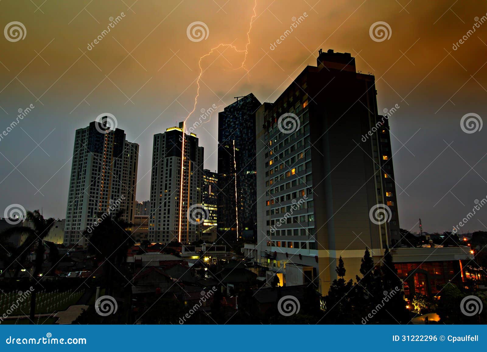 Lightning strikes building stock photo. Image of light - 31222296