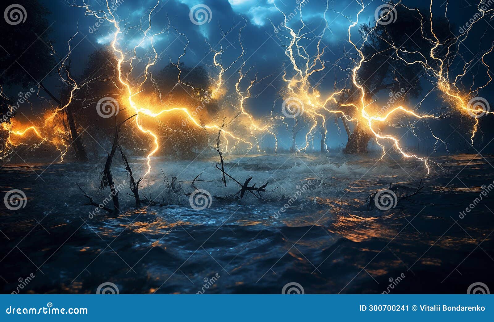 Lightning Strikes the Ground in the Night Forest. 3D Rendering. Stock ...
