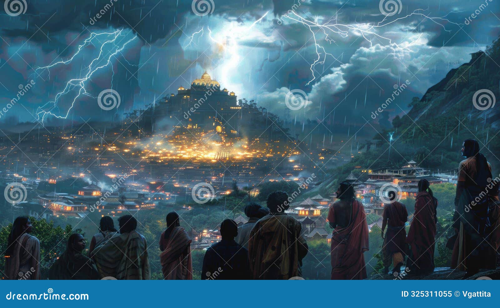 Lightning Strikes a Hilltop Temple during a Storm, with Devotees ...