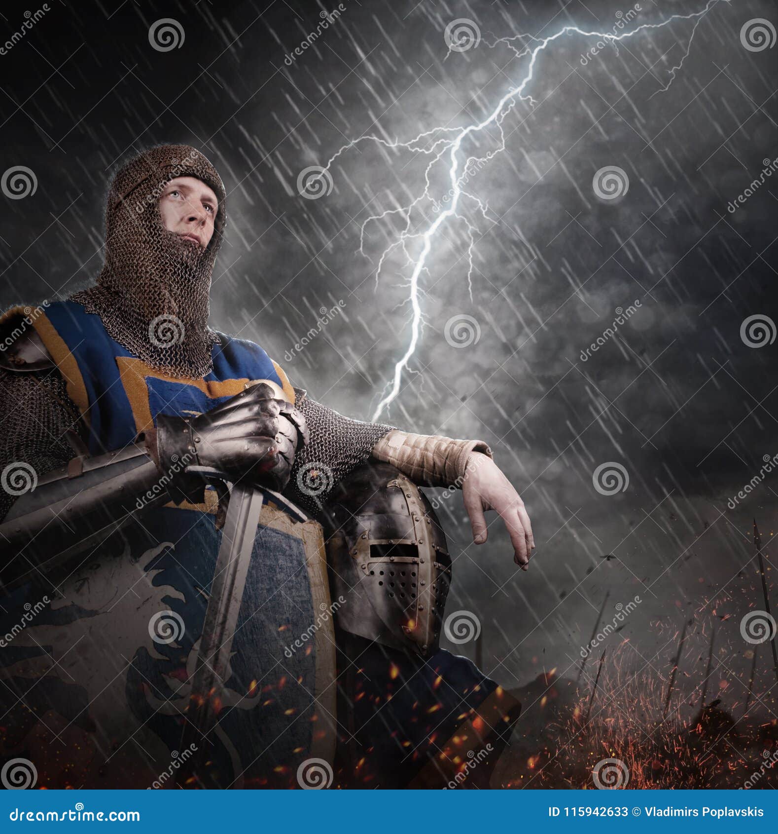 Lightning Strikes a Knight on Battlefield. Stock Image - Image of ...