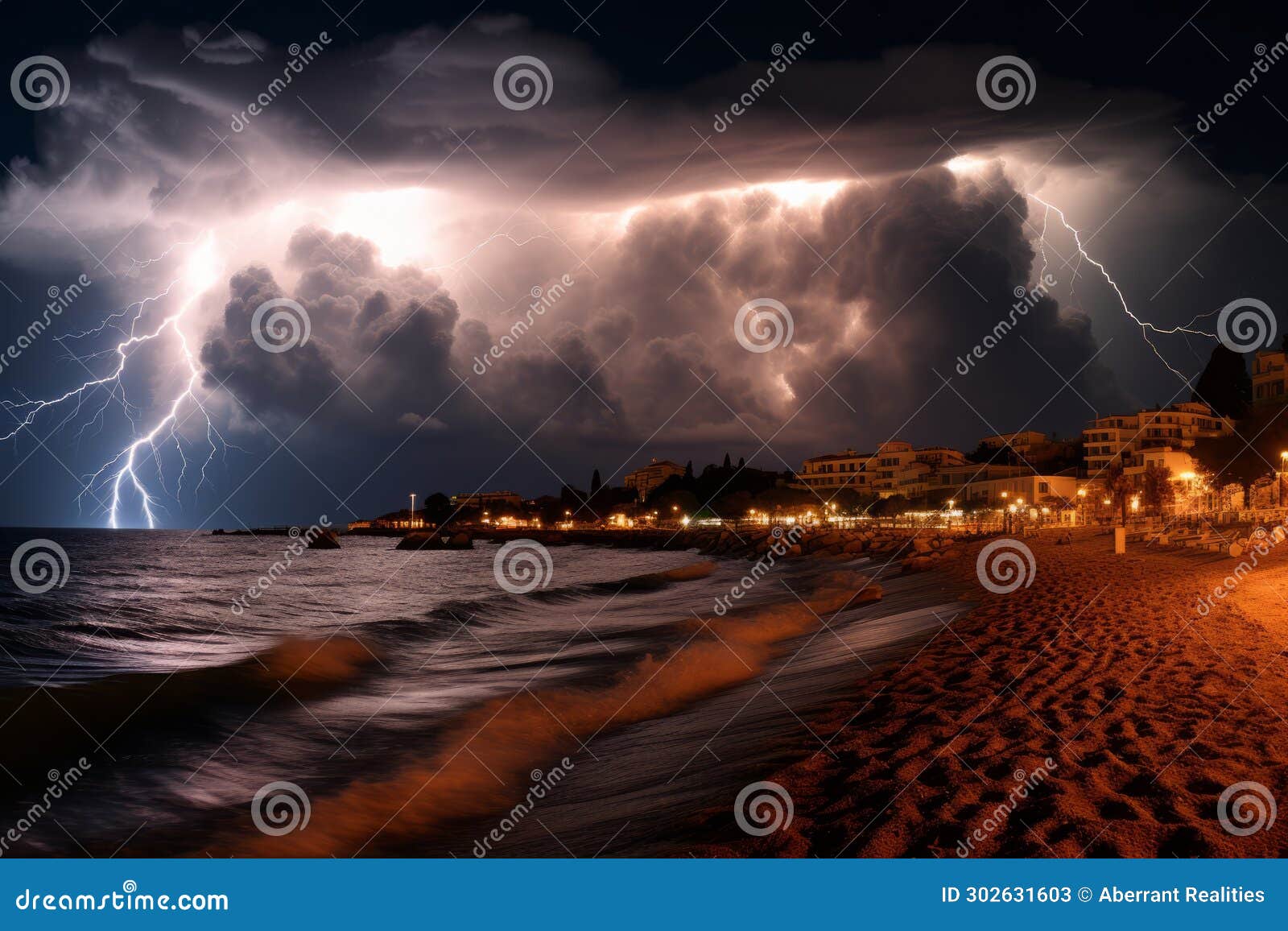Lightning Strikes Over the Beach at Night Stock Illustration ...