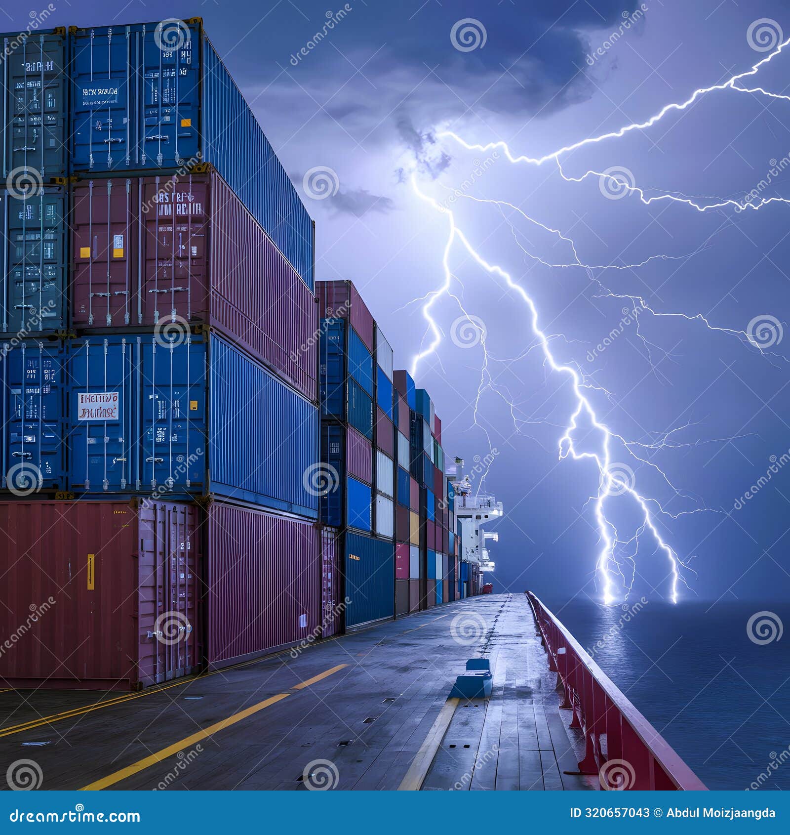 Lightning Strikes Over Cargo Ship Deck, Containers, Dramatic Sky ...