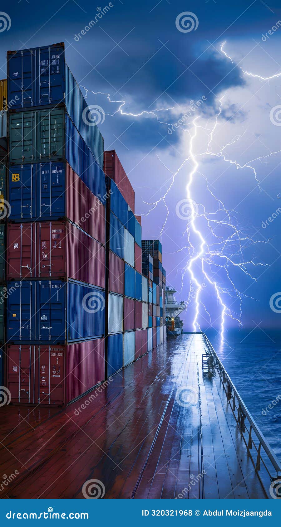 Lightning Strikes Over Cargo Ship Deck, Containers, Dramatic Sky ...