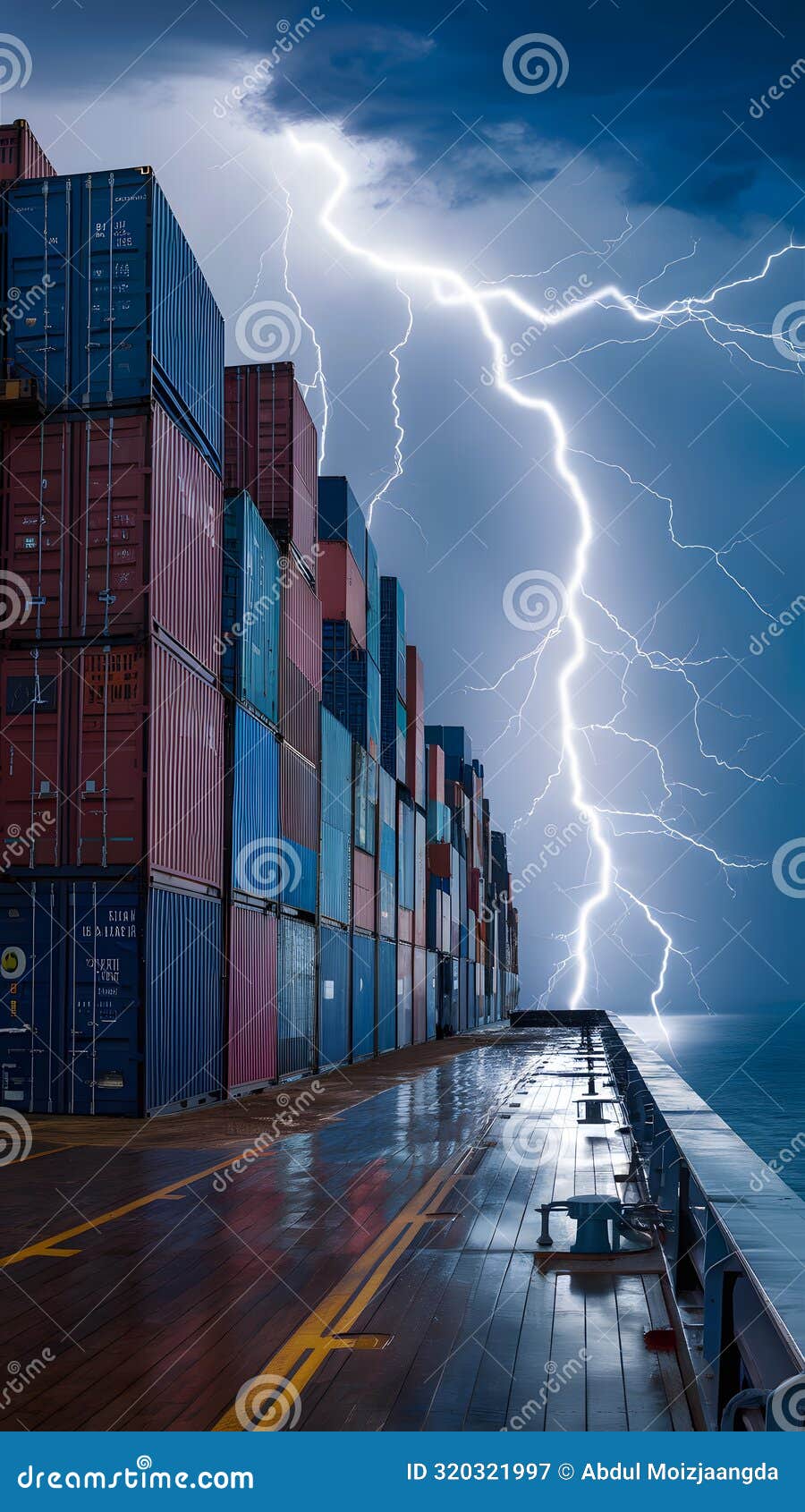 Lightning Strikes Over Cargo Ship Deck, Containers, Dramatic Sky ...