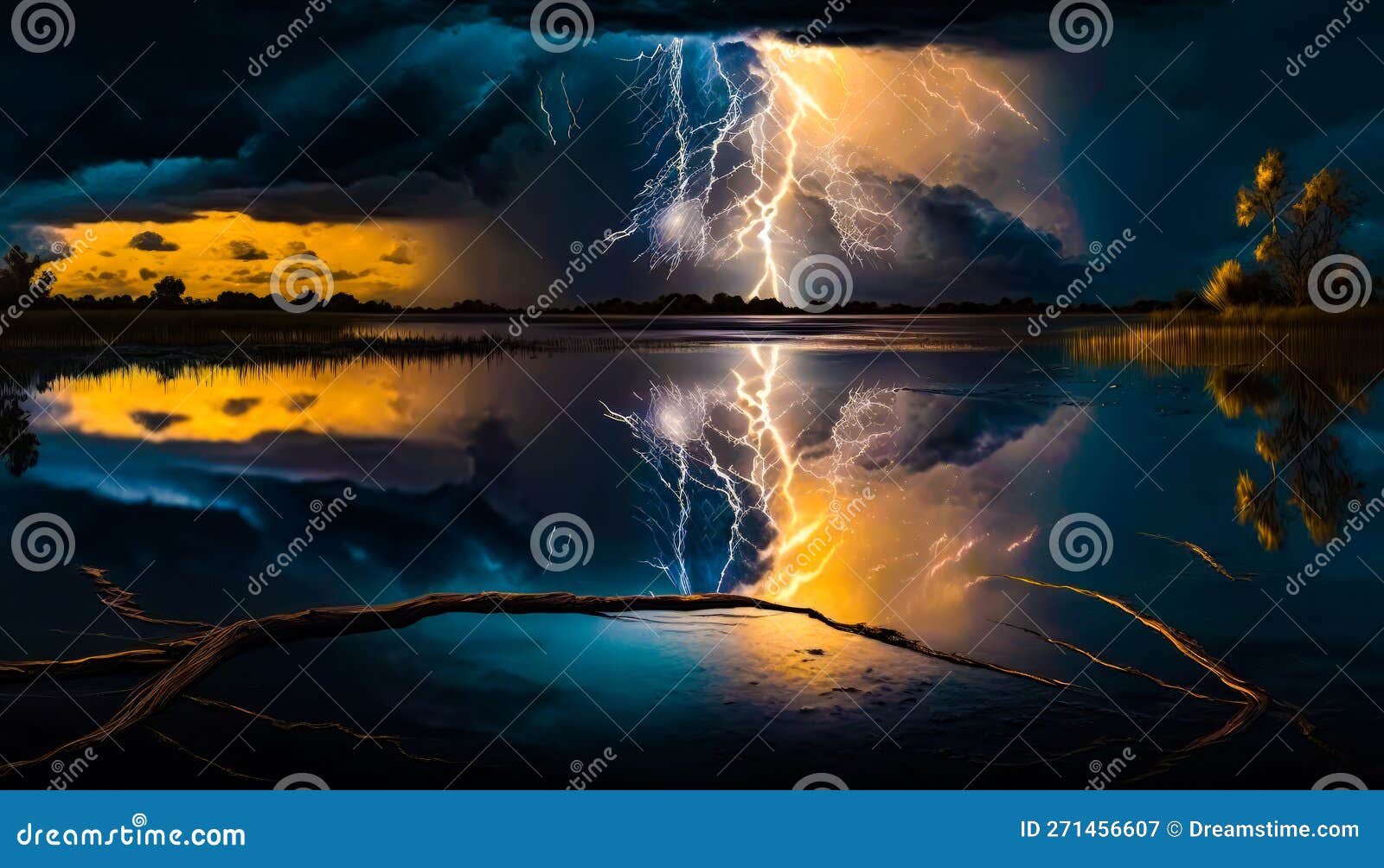 Lightning Strikes Over Lake with Trees in the Background. Generative AI ...