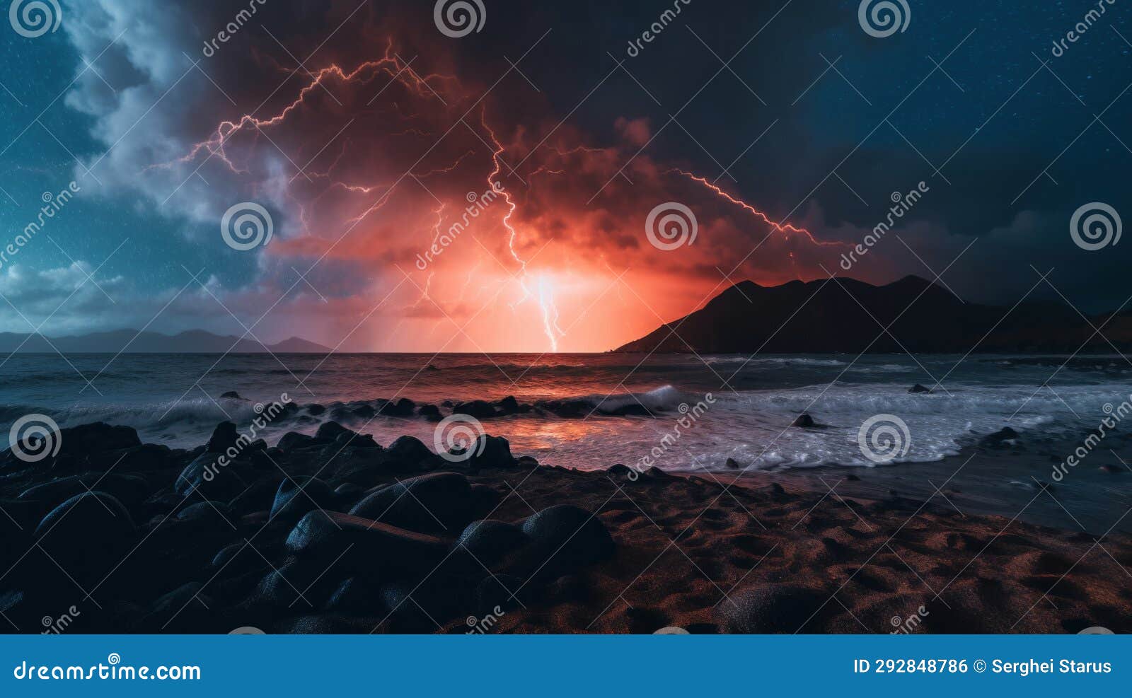 Lightning Strikes Over the Ocean at Night, AI Stock Photo - Image of ...