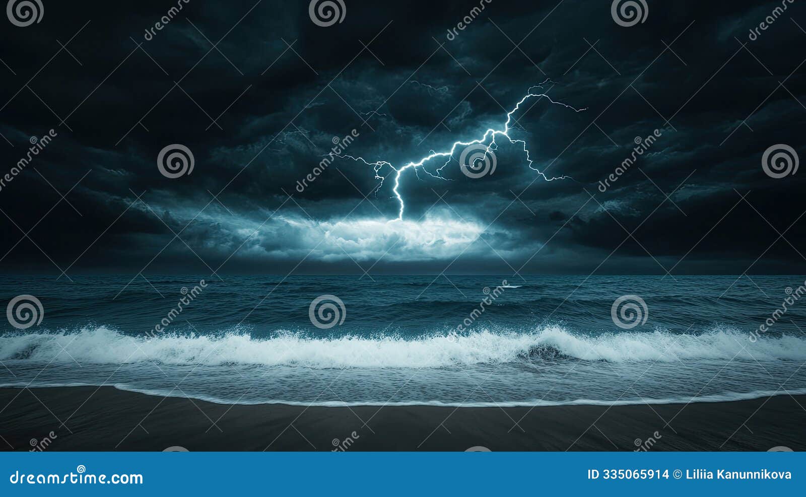 Lightning Strikes Over the Turbulent Sea while Powerful Waves Collide with the Shore, Creating a ...