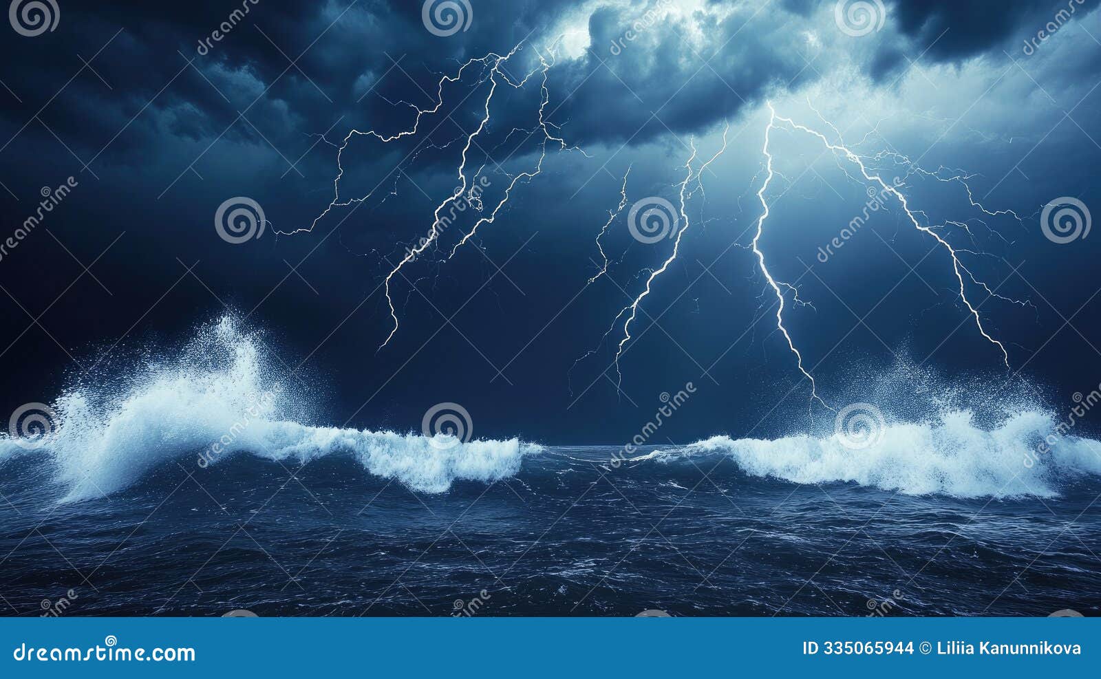 Lightning Strikes Over the Turbulent Sea while Powerful Waves Collide with the Shore, Creating a ...
