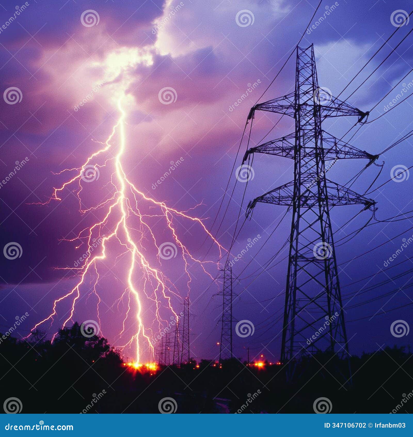 Lightning Strikes Power Line Tower during a Thunderstorm Stock Photo ...