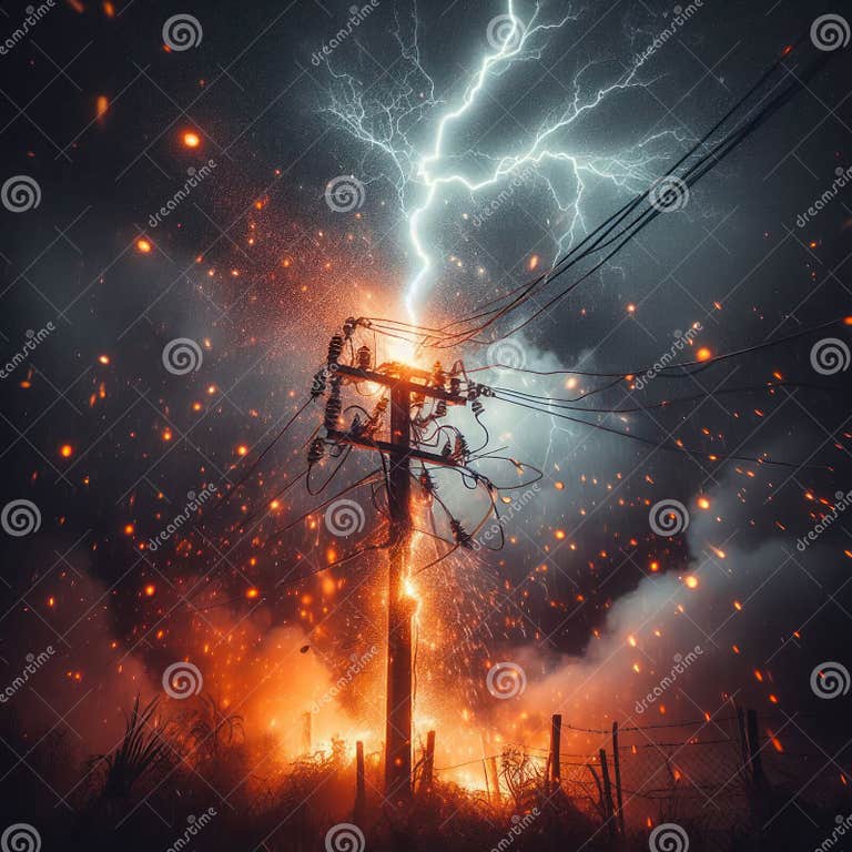 Lightning Strikes a Power Pole. Stock Photo - Image of cable, lightning ...