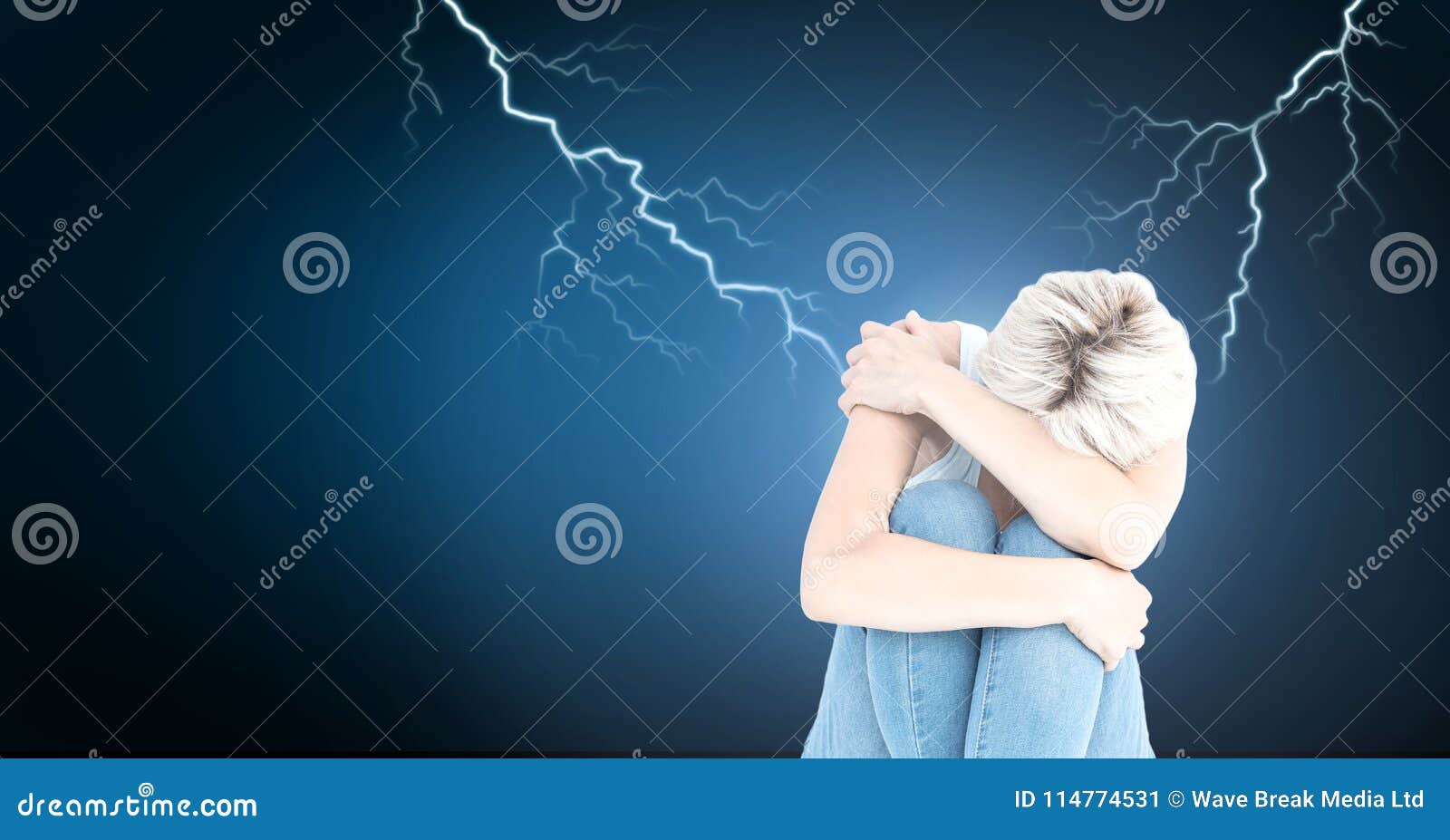 Lightning Strikes and Scared Sad Woman Stock Image - Image of dark ...