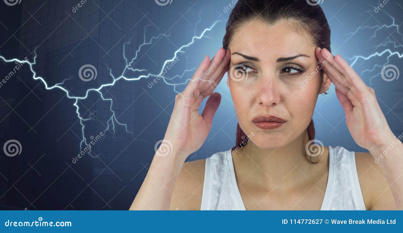 Lightning Strikes and Stressed Woman with Headache Holding Head Stock ...