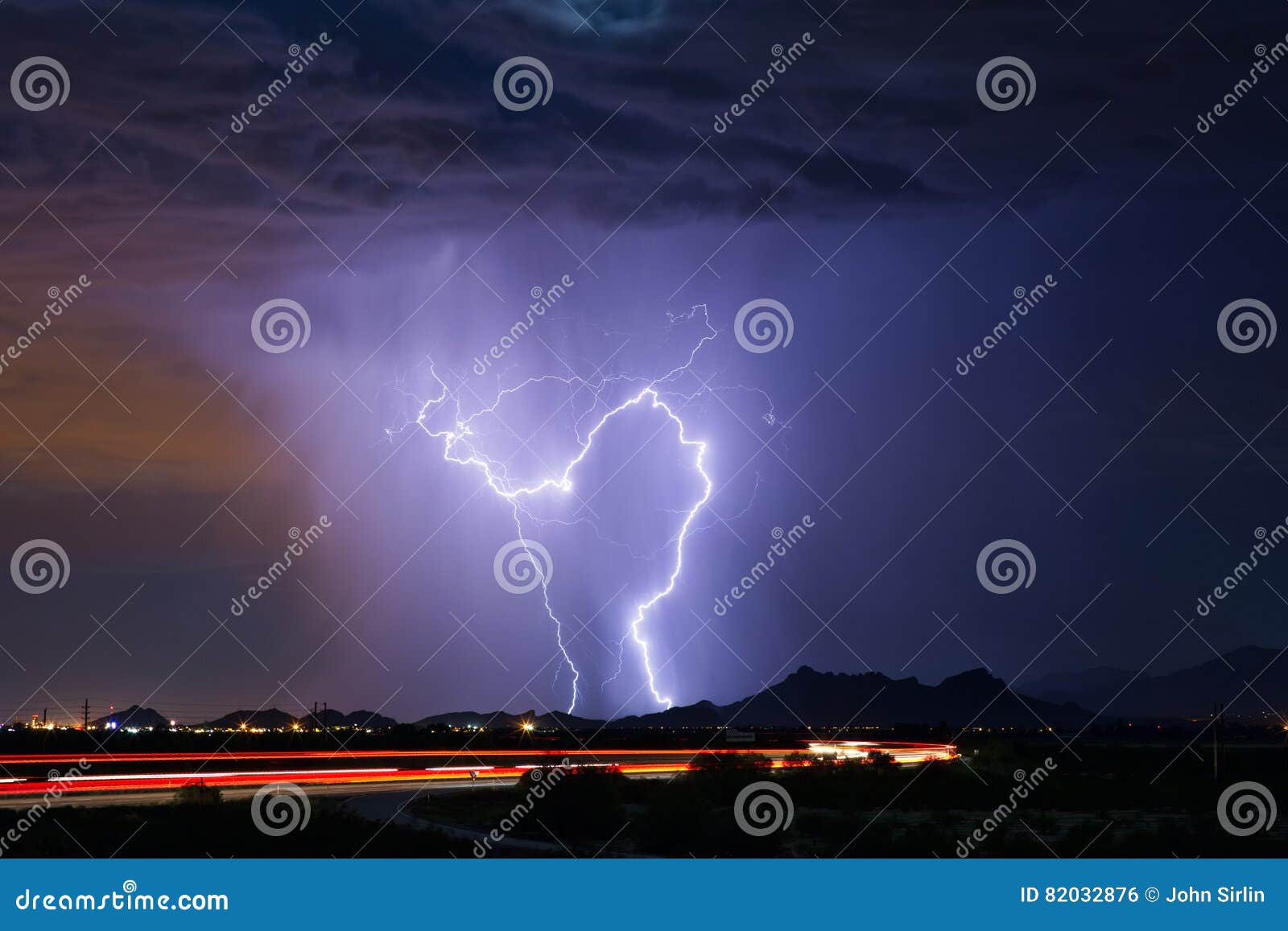Lightning Strikes during a Thunderstorm in Tucson, Arizona Stock Photo ...