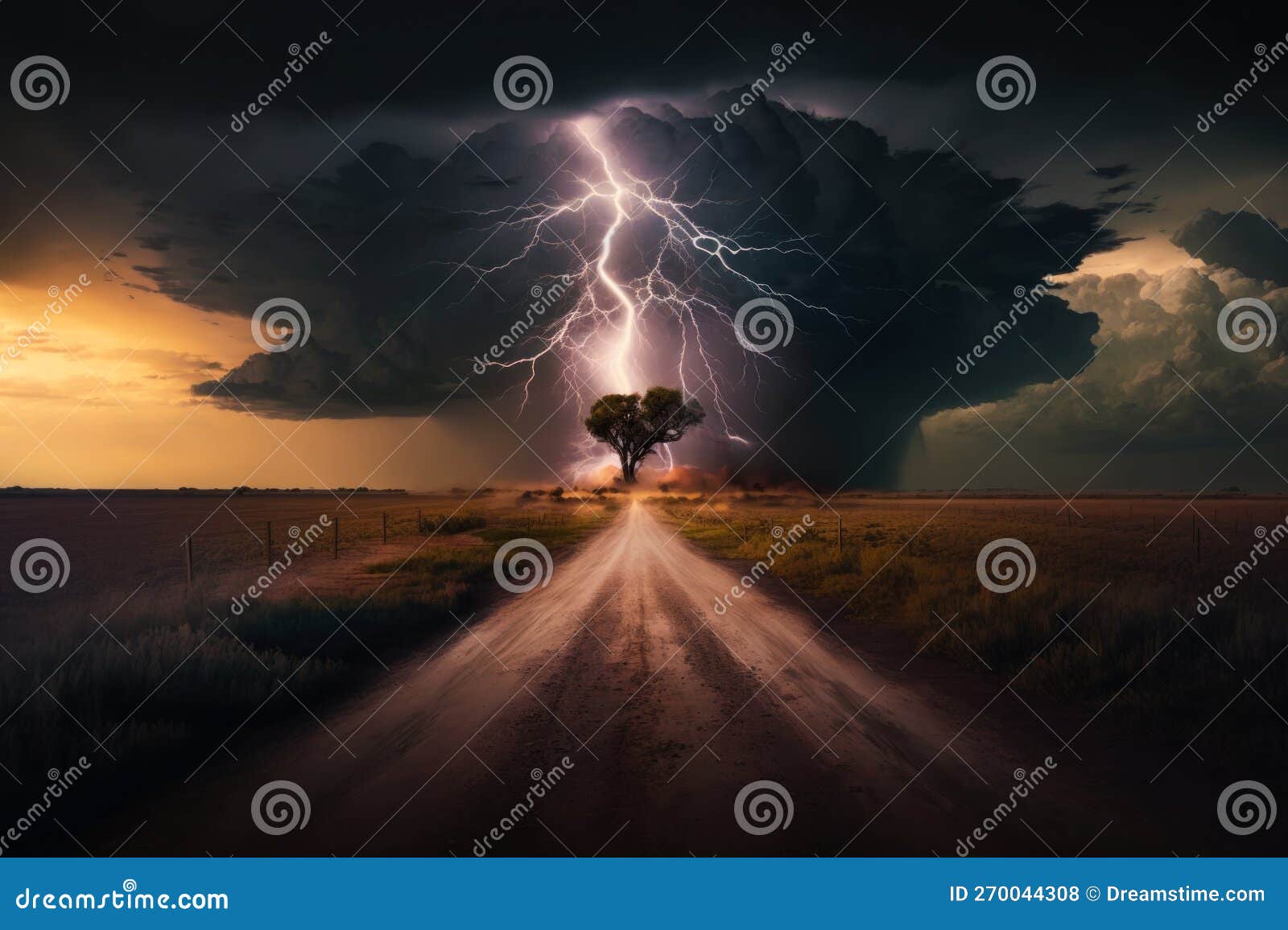 Lightning Strikes Tree in the Middle of Dirt Road. Generative AI Stock ...